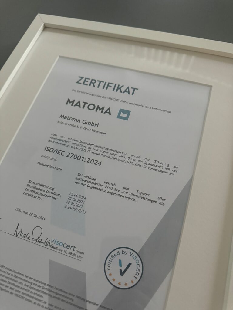 Matoma GmbH achieves ISO 27001 certification
